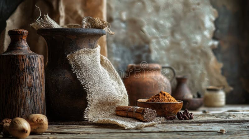 Vintage Pottery Rustic Spices Traditional Kitchen Setup Stock Photos ...