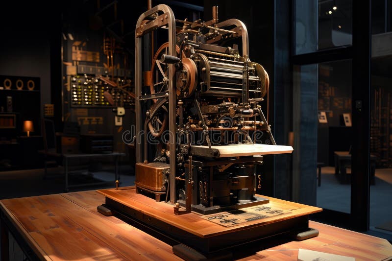 Antique Printing Press Standing on Wooden Table in Workshop Stock Photo ...