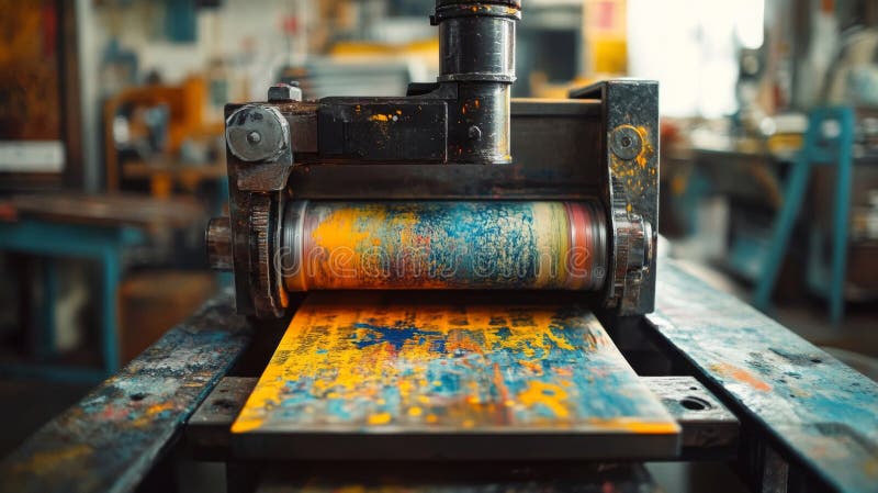 A Vintage Printing Press with Vibrant Paint Colors Stock Illustration ...