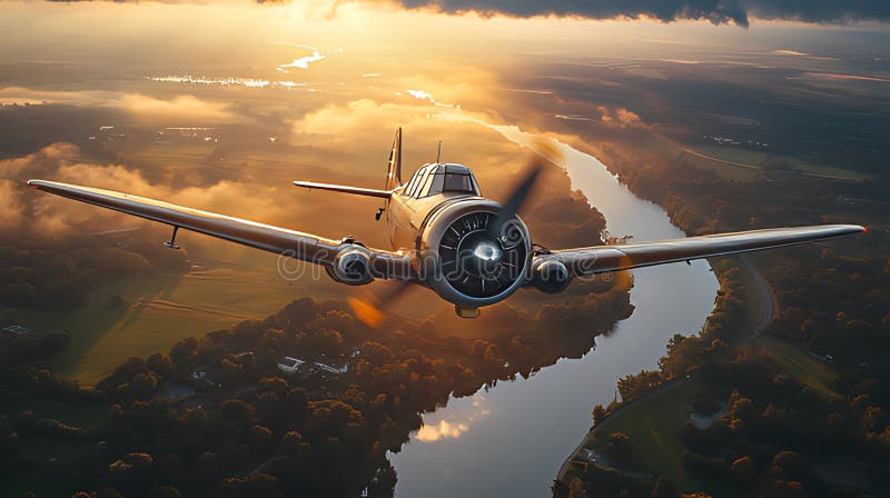 Vintage Propeller Plane Flying Over a River at Sunrise Stock Illustration - Illustration of ...