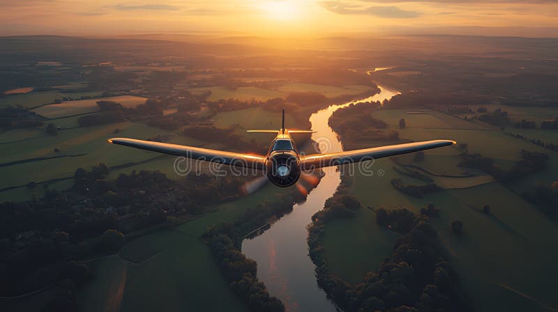 Vintage Propeller Plane Flying Over a River at Sunset Stock Illustration - Illustration of ...