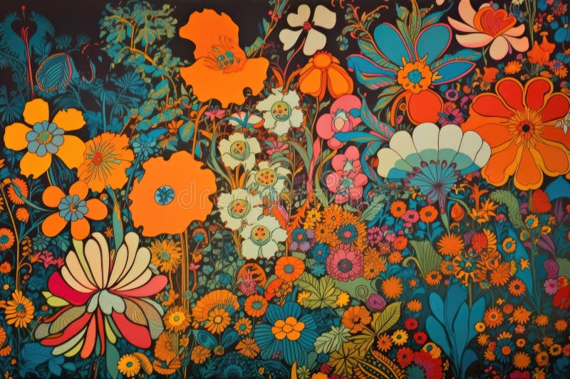 Vintage Psychedelic Poster with Whimsical Illustration of Flowers Stock Illustration ...