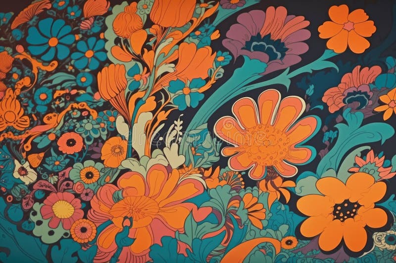 Vintage Psychedelic Poster with Whimsical Illustration of Flowers Stock Illustration ...