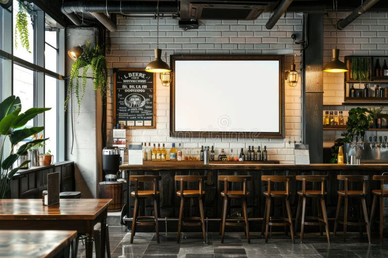 Vintage Pub Interior with Wooden Bar Counter and Blank Screen Stock ...