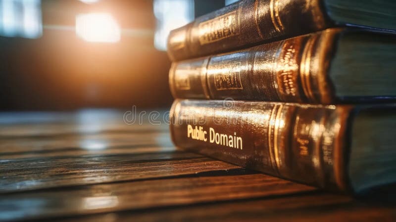 Vintage Public Domain Books Stack in Sunlit Library Environment ...