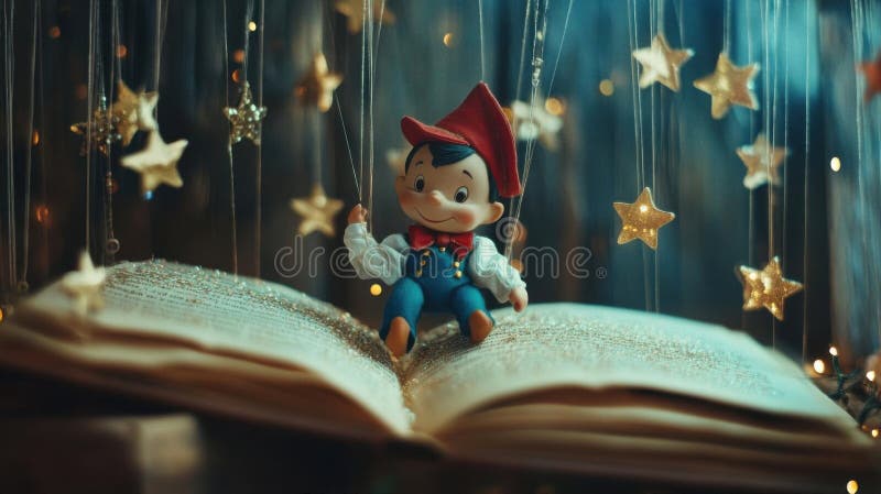 Vintage Puppet Sits on Book among Stars for Storytelling Magic Theme ...