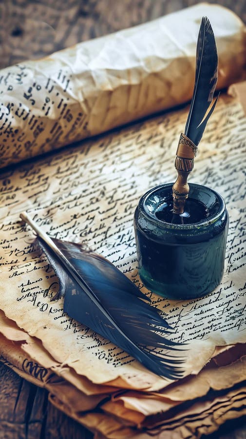 Vintage Quill Pen and Ink Bottle on Ancient Manuscript Stock Image ...