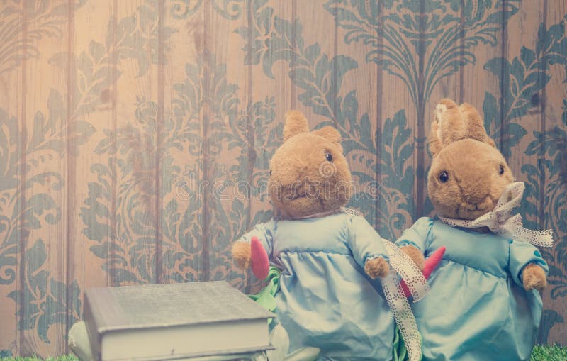 Vintage Rabbit Doll with Copy Space on Wallpaper. Stock Image - Image ...