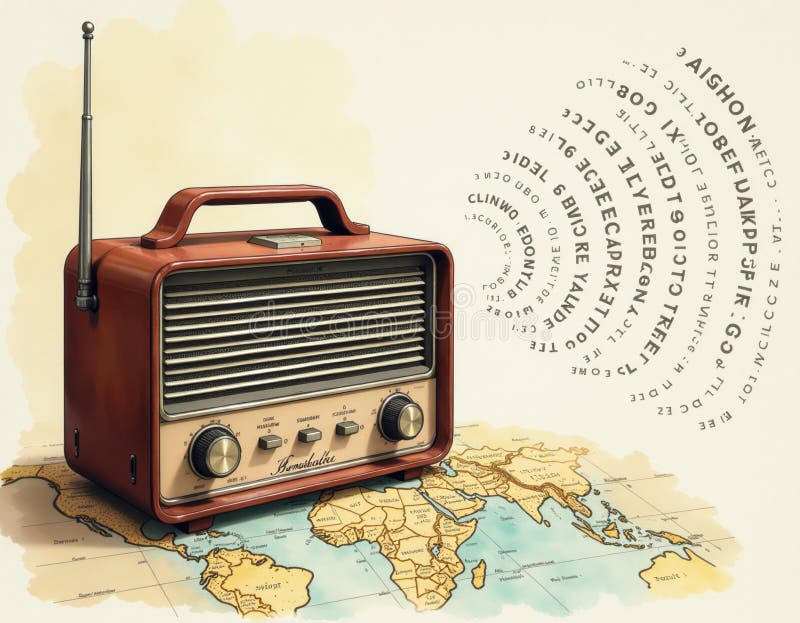 Vintage Radio Broadcasting Across the World Map Stock Illustration ...