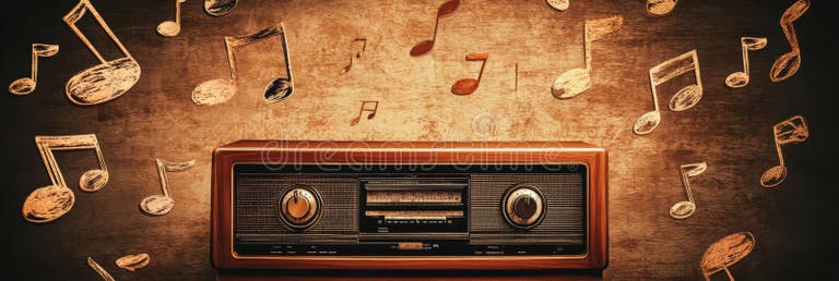 Vintage Radio Emits Melody with Musical Notes Floating Around in a ... Vintage Radio Emits Melody with Musical Notes Floating Around in a ...