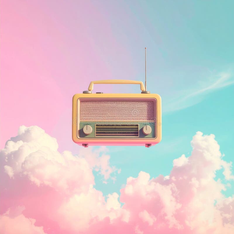 Vintage Radio Floating in Pastel Sky with Clouds Stock Illustration ...