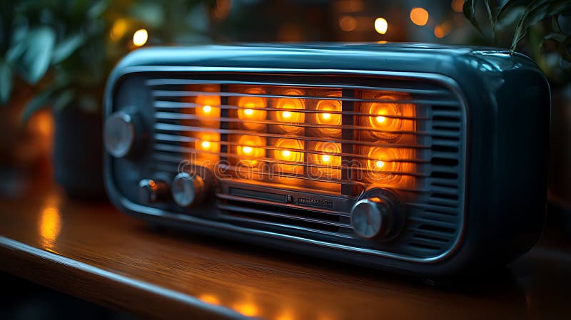 Vintage Radio with Glowing Lights in a Cozy Setting Stock Illustration ...