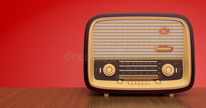 Vintage Radio Receiver Front View on the Wooden Table. 3D Rendering ...