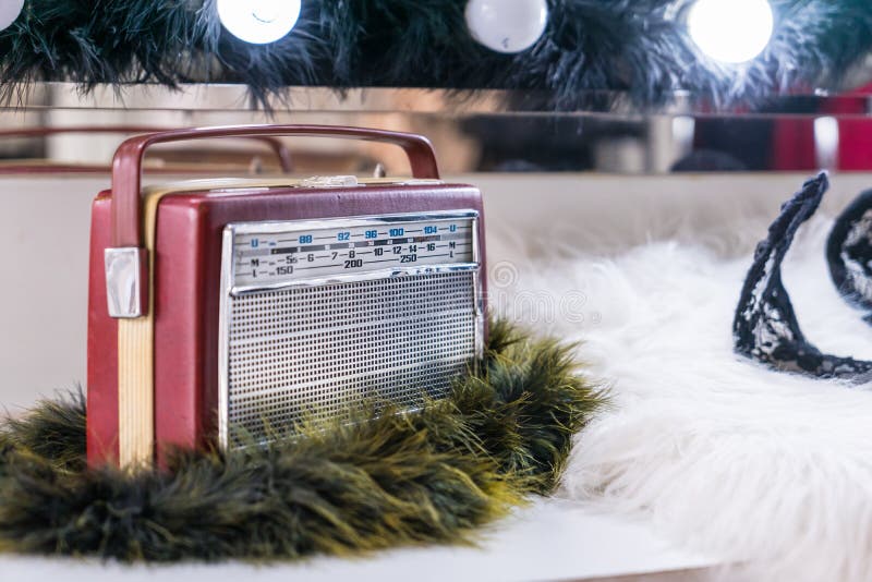 Vintage Radio Receiver on White Fur in Front of the Make-up Table Stock ...