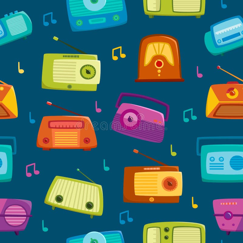 Vintage Radio Seamless Pattern with Notes Isolated on Blue Stock Vector ...