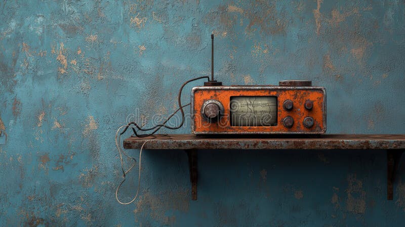 Vintage Radio on a Worn Shelf Against a Rustic Blue Wall Stock ...