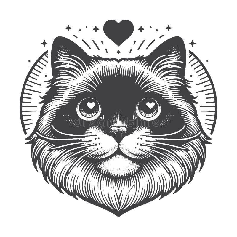 Vintage Ragdoll Cat Head with Heart Eyes Illustration. Stock Vector ...