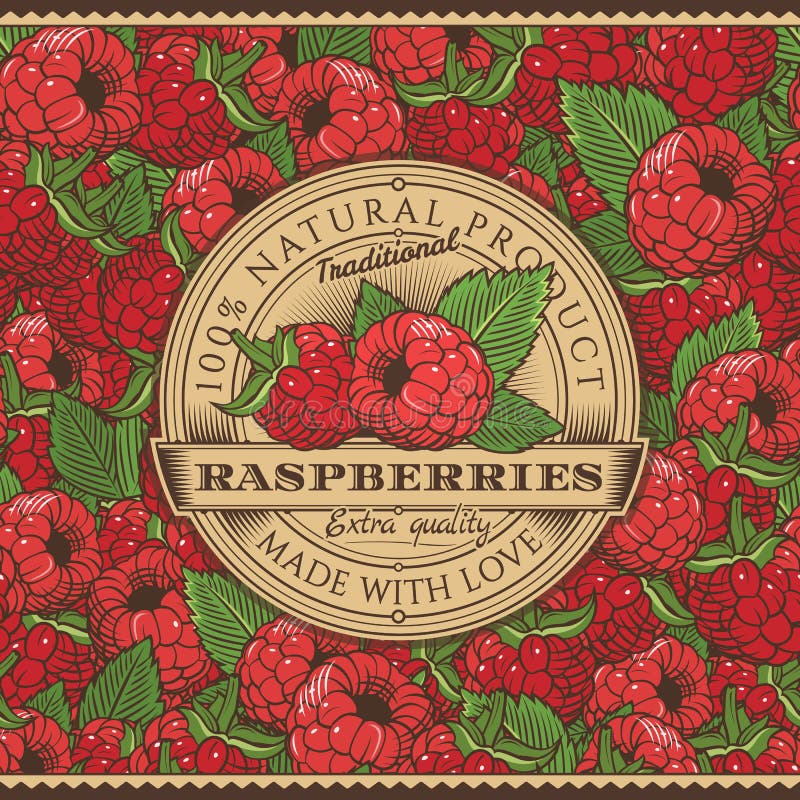 Vintage Raspberries Label on Seamless Pattern Stock Vector ...