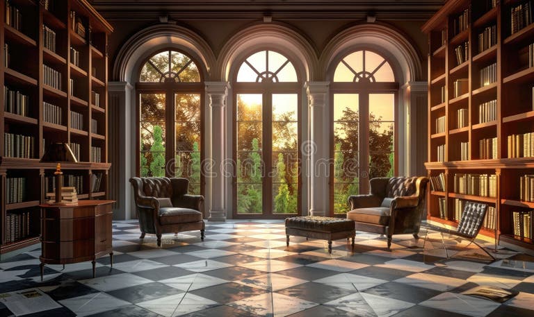 Vintage Reading Room with a Checkerboard Floor, Arched Windows Stock ...