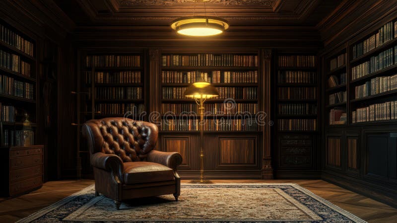 Vintage Reading Room with Leather Chair and Ceiling Lamp Night Scene 3D ...