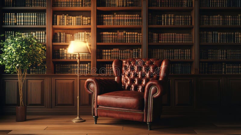 Vintage Reading Room with Leather Chair and Ceiling Lamp Night Scene 3D ...