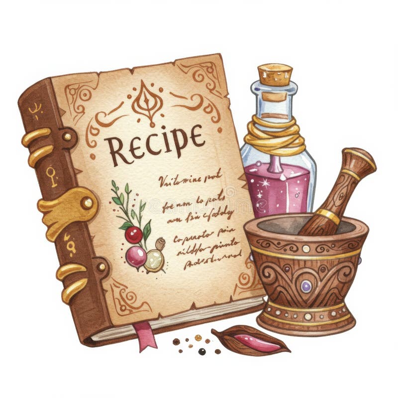 Vintage Recipe Book with Potion and Mortar Stock Illustration ...
