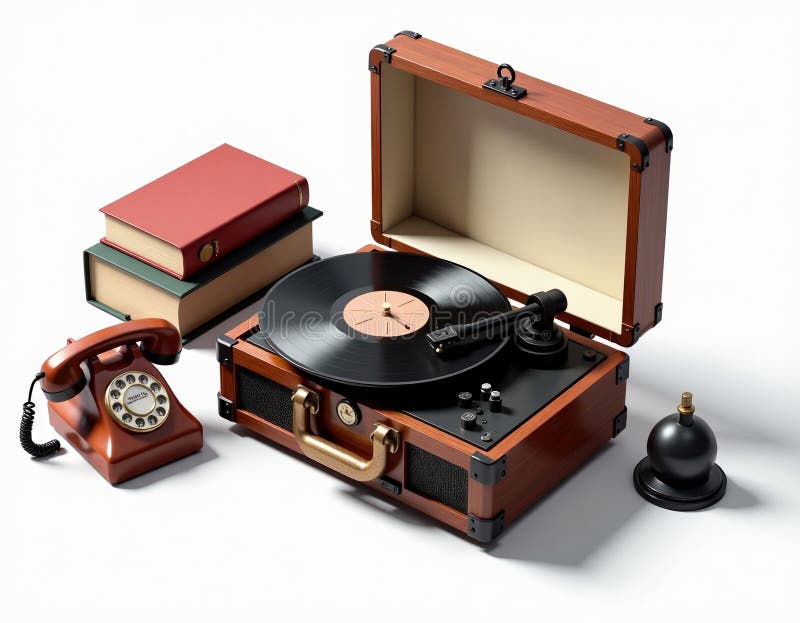 Vintage Record Player with Books and Retro Phone Stock Illustration ...
