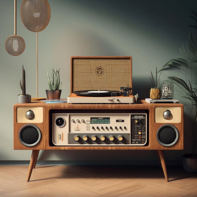 A Vintage Record Player Console with Built-in Speakers and Storage ...