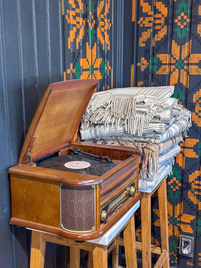 Vintage Record Player with Cozy Blankets Stock Photo - Image of chair ...