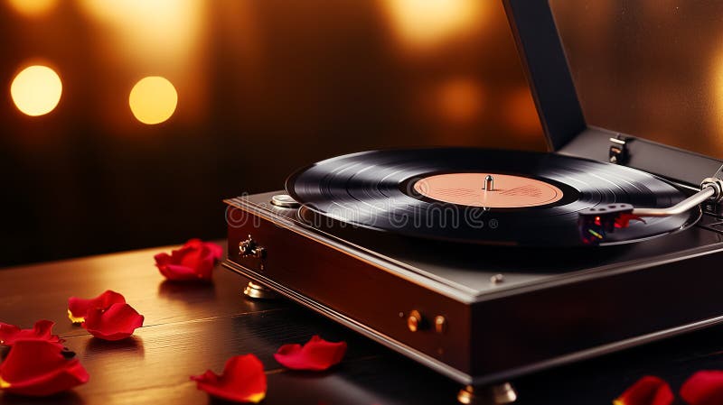 A Vintage Record Player Spins a Vinyl Record, while Rose Petals Adorn ...