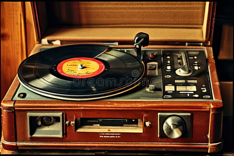 Vintage Record Player with a Stack of Records Stock Illustration ...