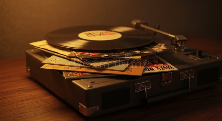 Vintage Record Player with Stacked Vinyl: Warm, Nostalgic Scene Stock ...