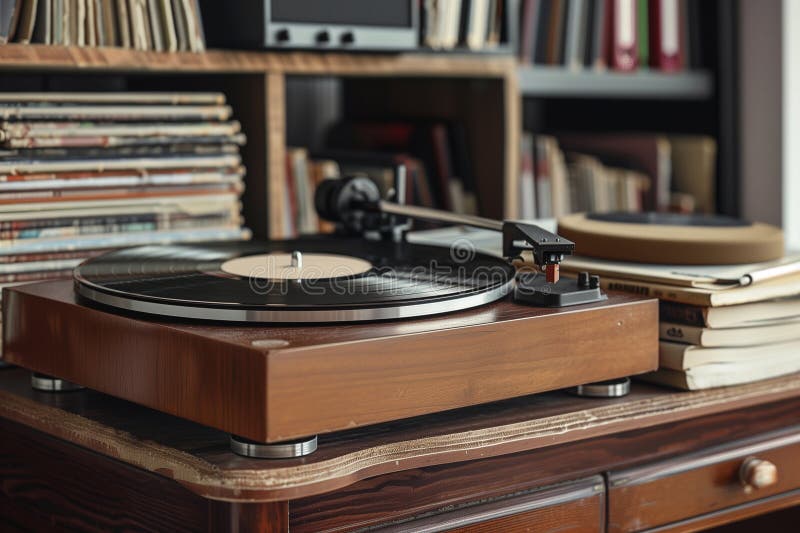 Vintage Record Player on the Wooden Desk and Stack of Vinyl Discs Ai ...