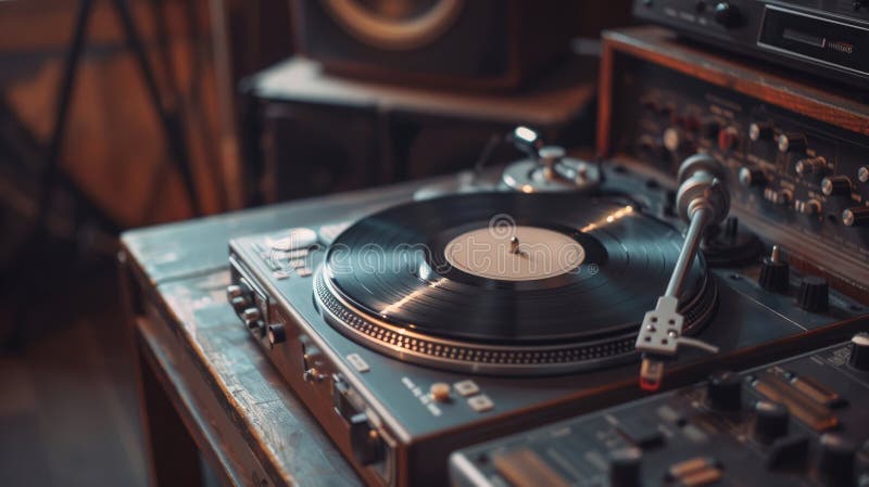 A Vintage Record Player on a Wooden Table Playing a Black Vinyl Record ...
