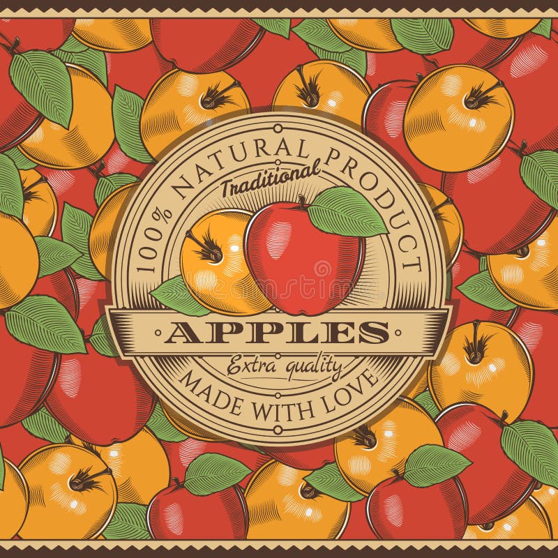 Vintage Red Apple Label on Seamless Pattern Stock Vector - Illustration ...