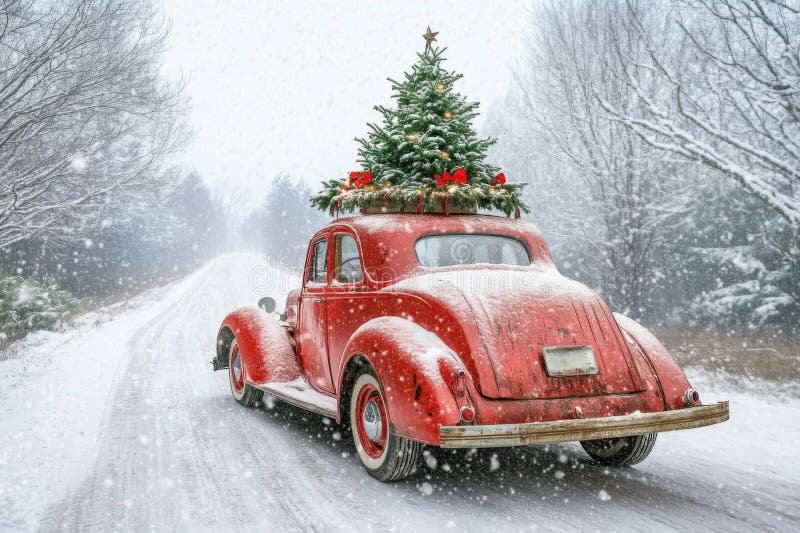 Vintage Red Car with Christmas Tree Driving through Winter Snow Stock ...