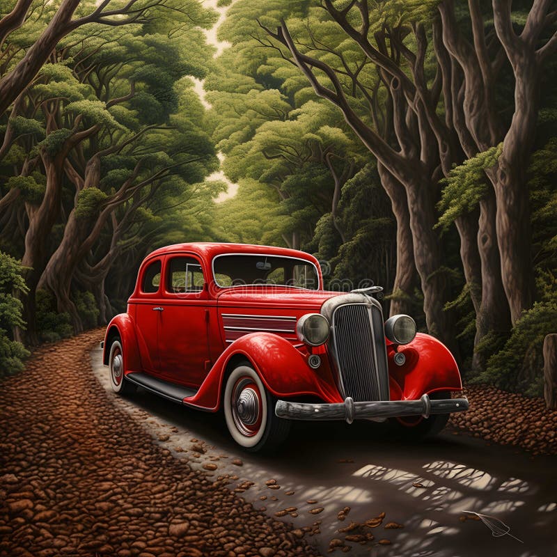 Vintage Red Car on the City Road Stock Illustration - Illustration of ...