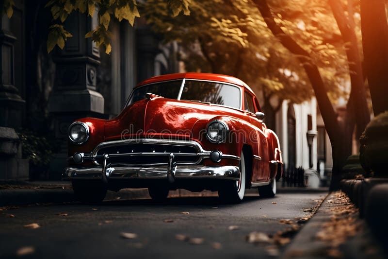 Vintage Red Car on the City Road Stock Illustration - Illustration of ...