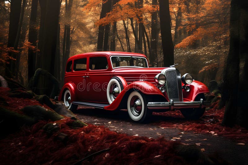 Vintage Red Car on the City Road Stock Illustration - Illustration of ...