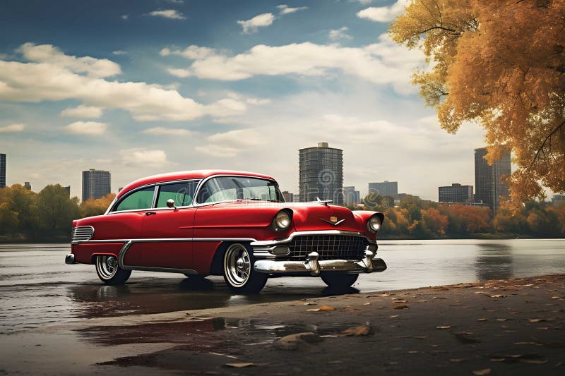 Vintage Red Car on the City Road Stock Illustration - Illustration of ...