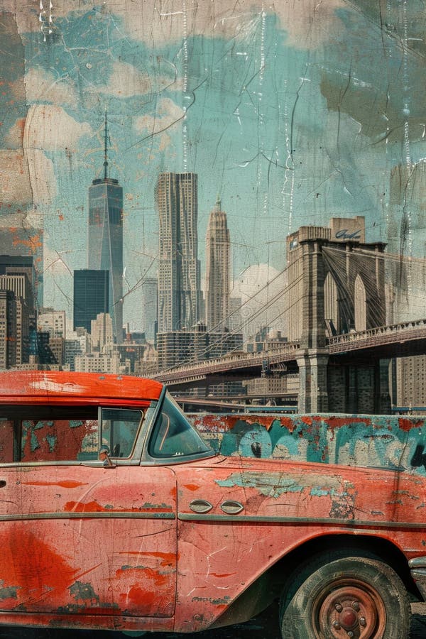 A Vintage Red Car Parked in Front of the Iconic Brooklyn Bridge Stock ...