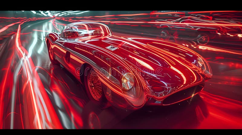 Vintage Red Car with Reflections and Blur on the Highway Stock ...