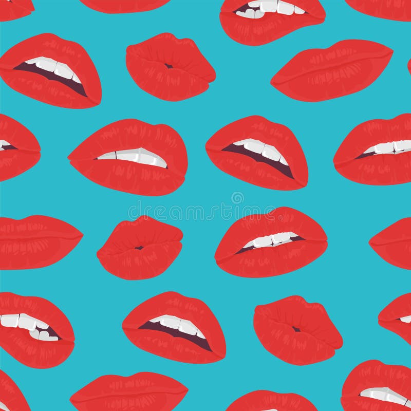 Vintage Red Lips Kiss Seamless Pattern on the Blue Background. Stock ...