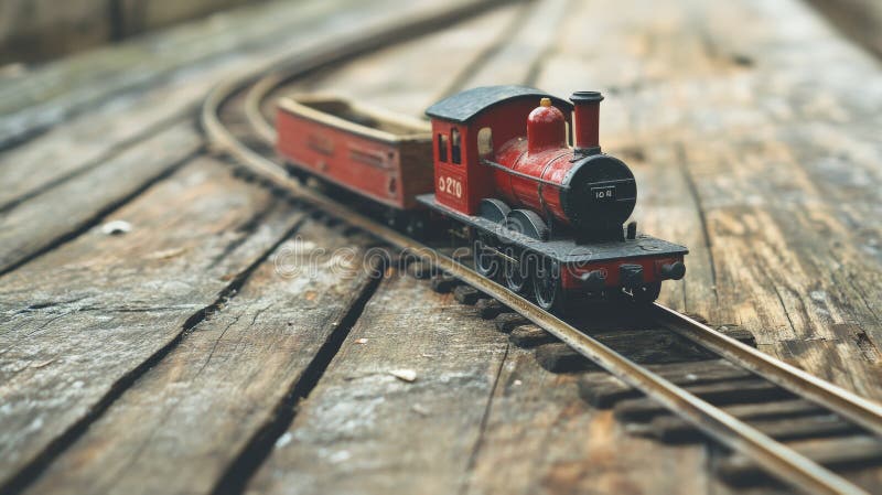 Vintage Red Model Train on Weathered Wooden Track Stock Illustration ...