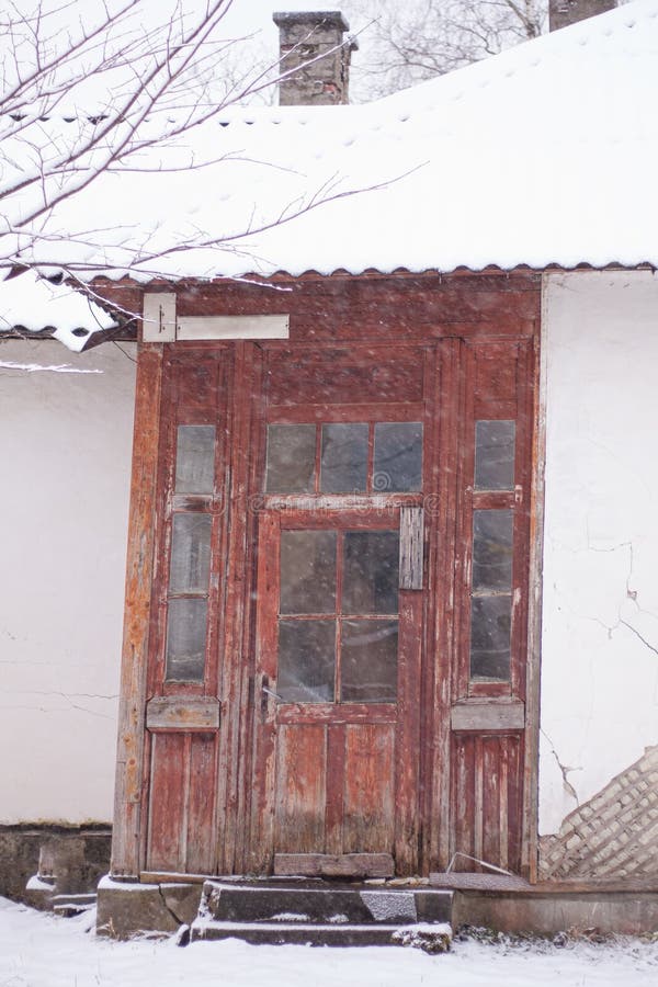 Vintage Red Old Glass Door in Winter Stock Image - Image of country ...