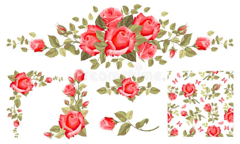 Vintage Red Roses Set stock vector. Illustration of floral - 226242972