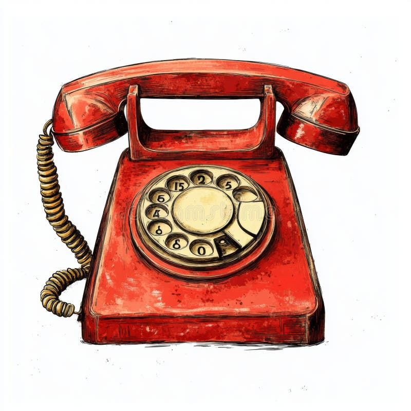 Vintage Red Rotary Phone with a Coiled Cord and Dial Stock Illustration ...