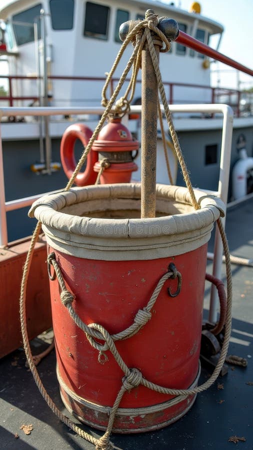 Vintage Red Sea Anchor and Pulley System on a Boat Deck Stock Image ...