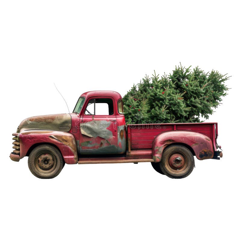 A Vintage Red Truck Carrying a Large Christmas Tree Stock Photo ...
