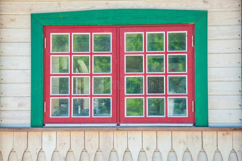 Vintage Red Window on a White Wooden Wall Stock Photo - Image of ...